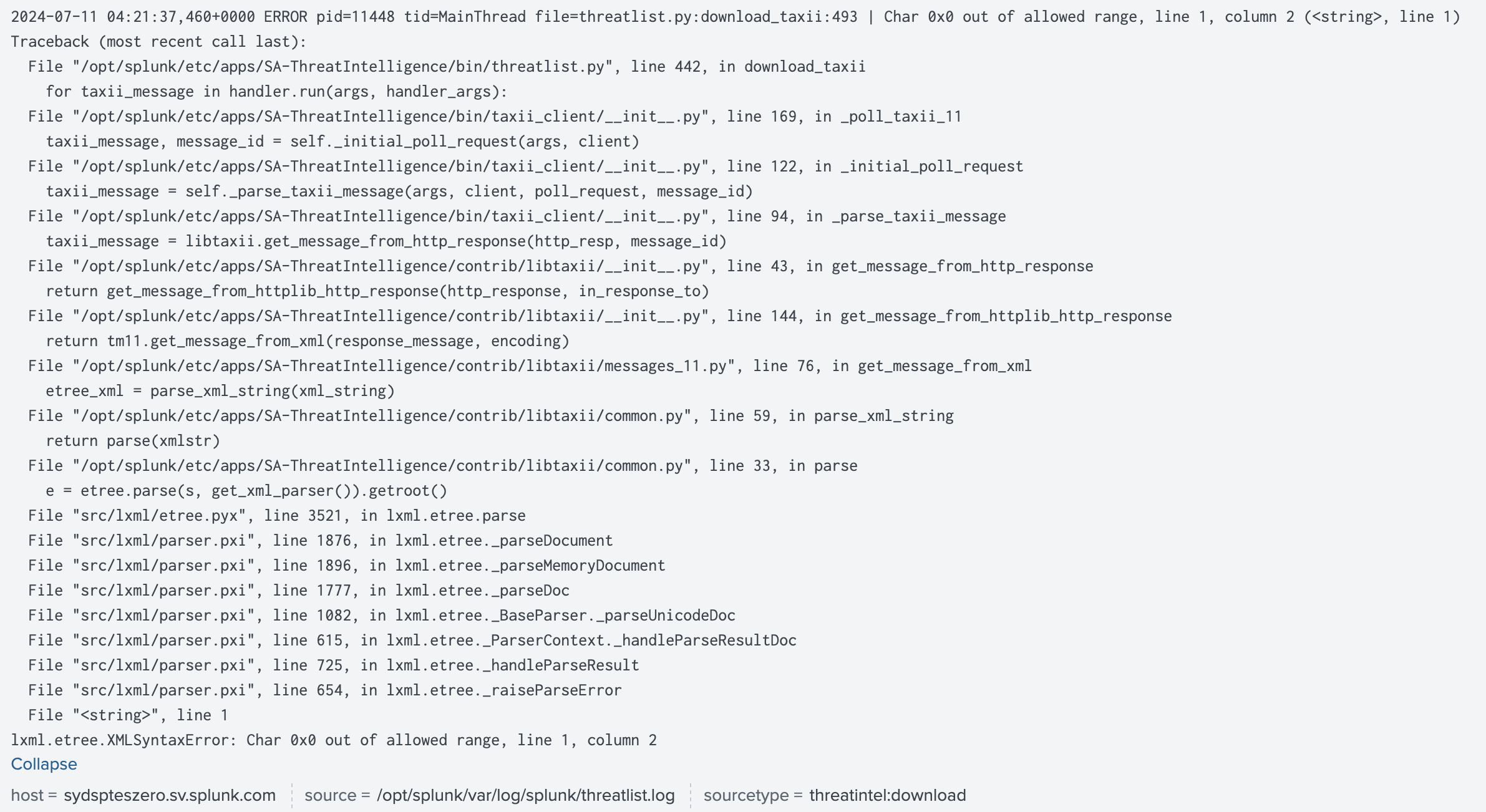 Troubleshooting "Char 0x0 out of allowed range" error in TAXII Threat Intelligence Feeds | Splunk