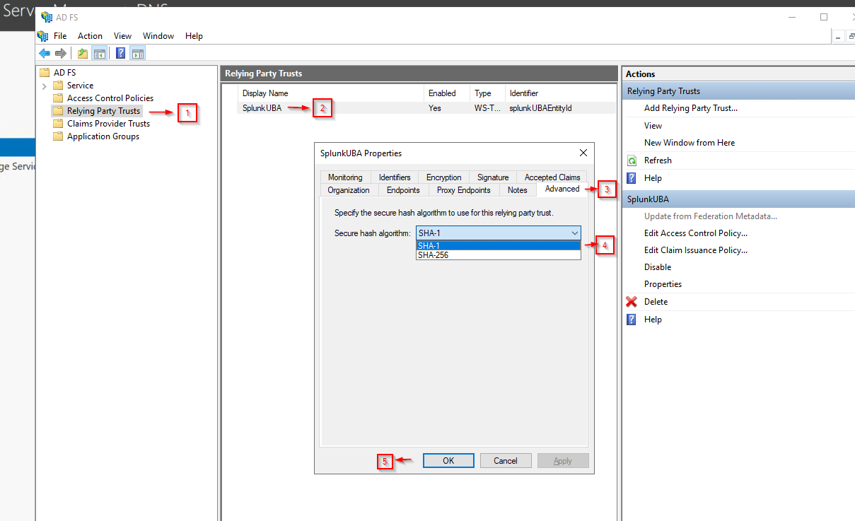 UBA 5.3 SHA-1 Encryption and XML Upload Errors in ADFS Integration. | Splunk