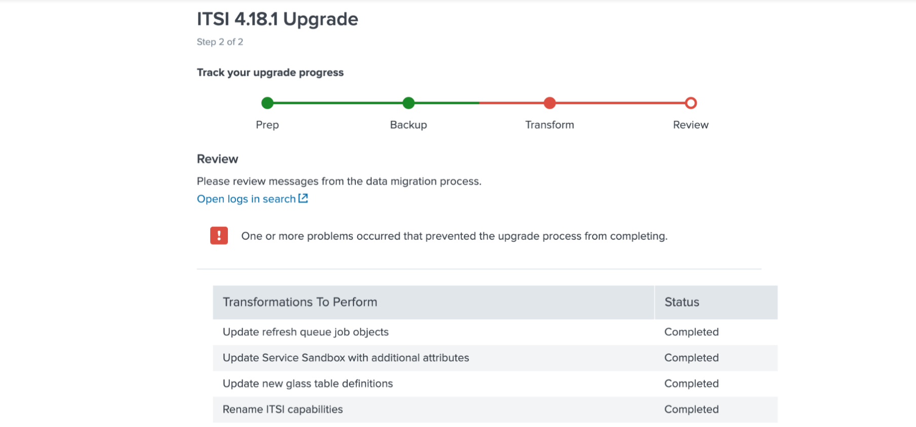 Splunk IT Service Intelligence (ITSI) upgrade process failed during the ...