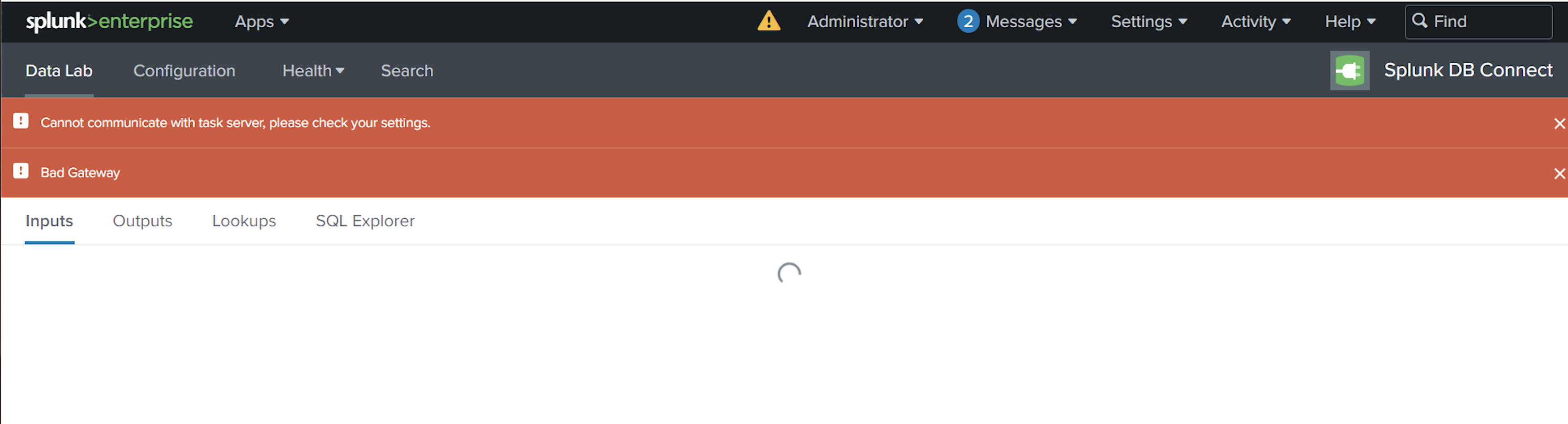 Splunk DB connect throwing "Bad Gateway" and "Cannot communicate with task server" errors. | Splunk