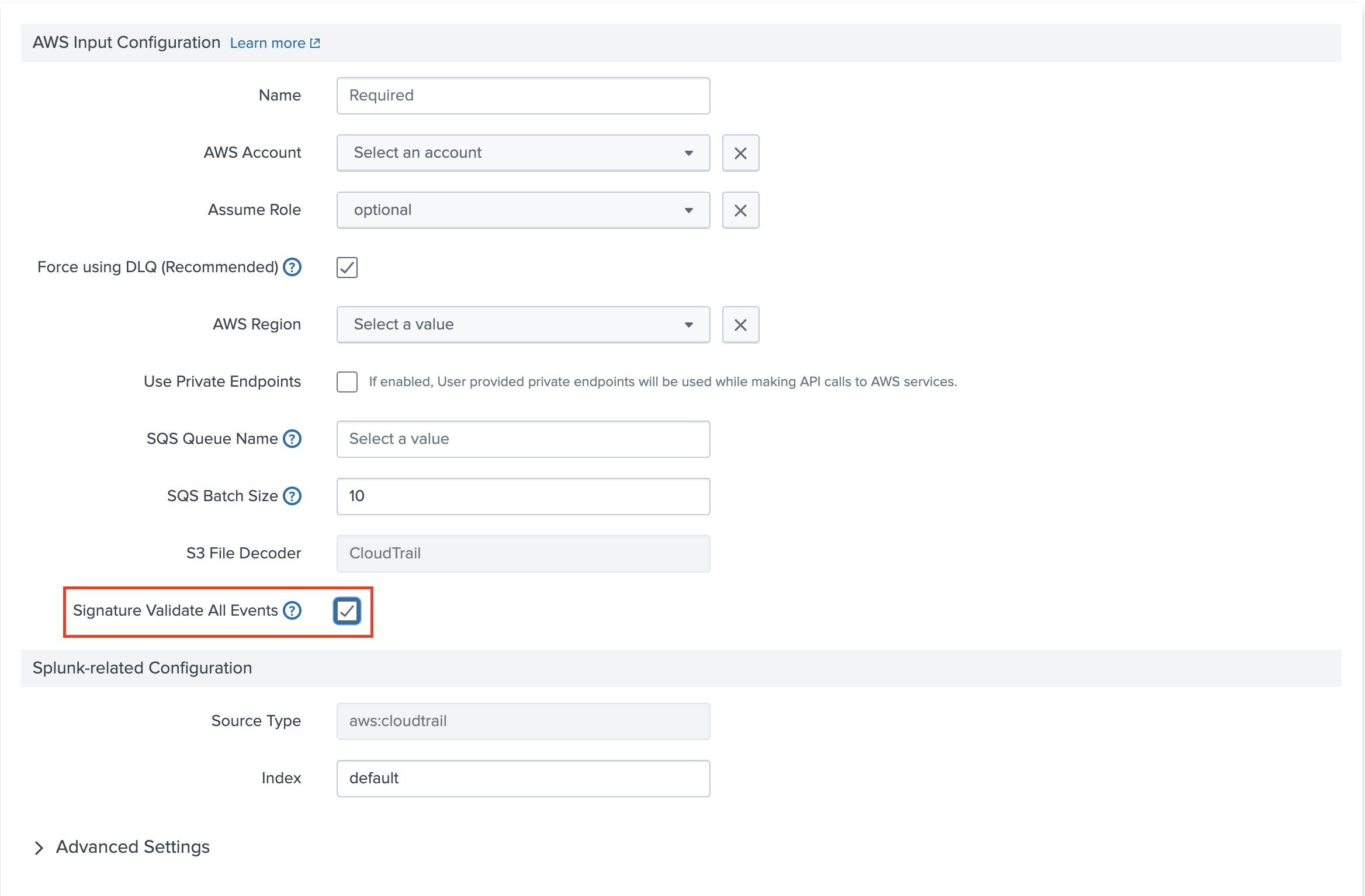 Splunk Add-on for AWS: message="Warning: This message does not have a valid SNS Signature None ...