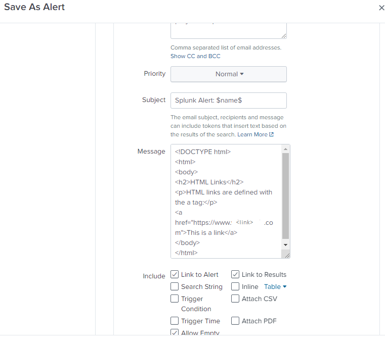Add HTML in the message of mail alert. | Splunk