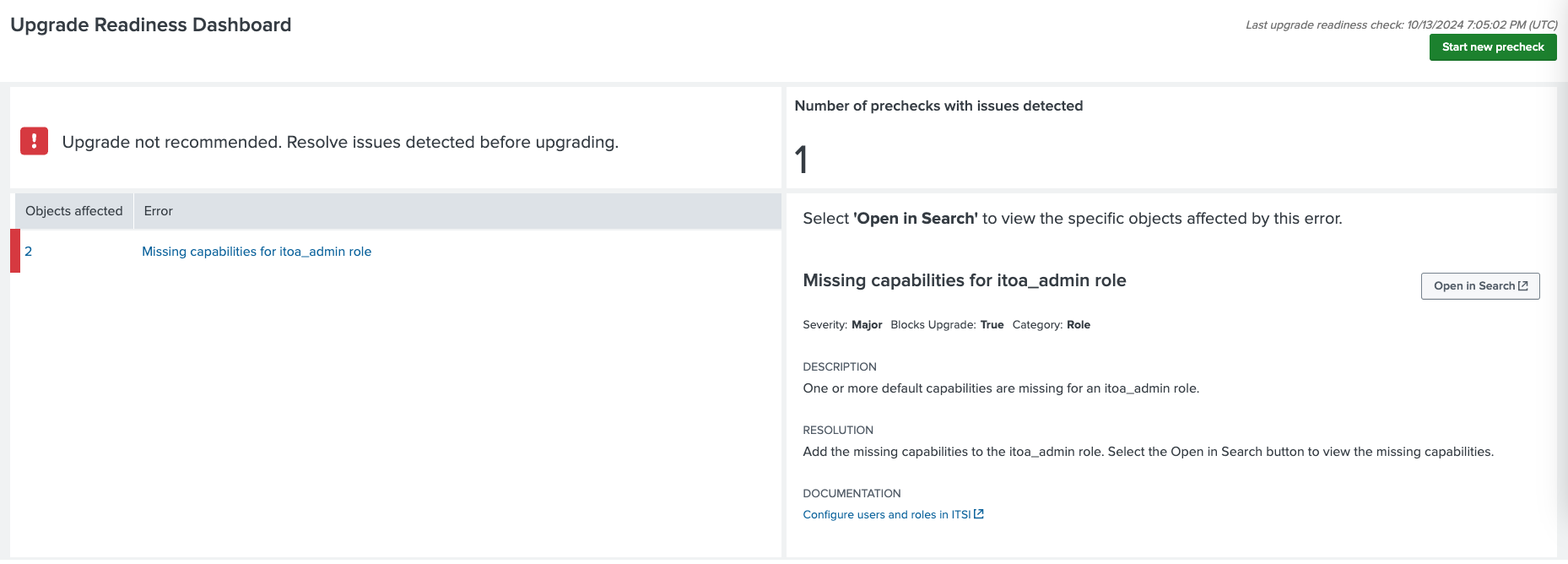 ITSI Upgrade Readiness Dashboard display issue "Missing capabilities ...