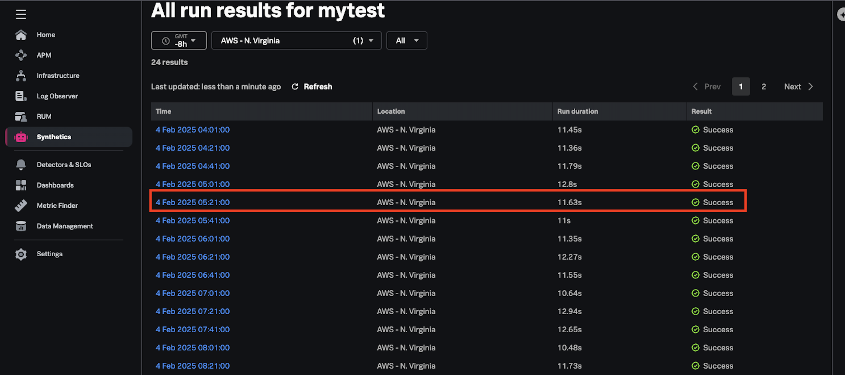 The timestamps for synthetic runs on the "All Run Results" page differ ...