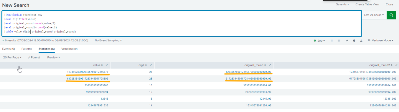 Splunk decimal digit rounding function not working for large numbers | Splunk