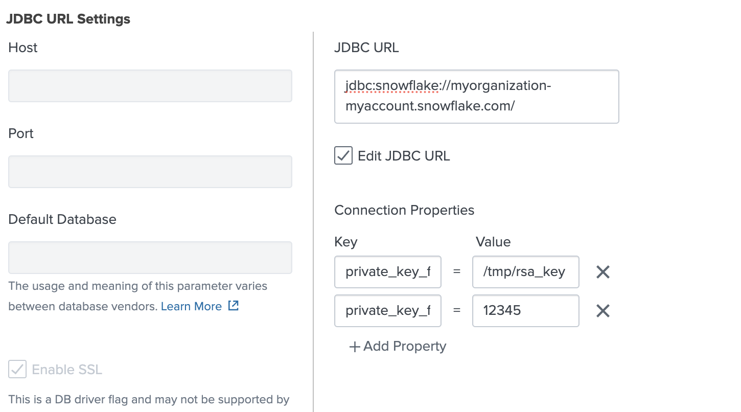 The user wishes to utilize an RSA key pair instead of a database username and password for ...