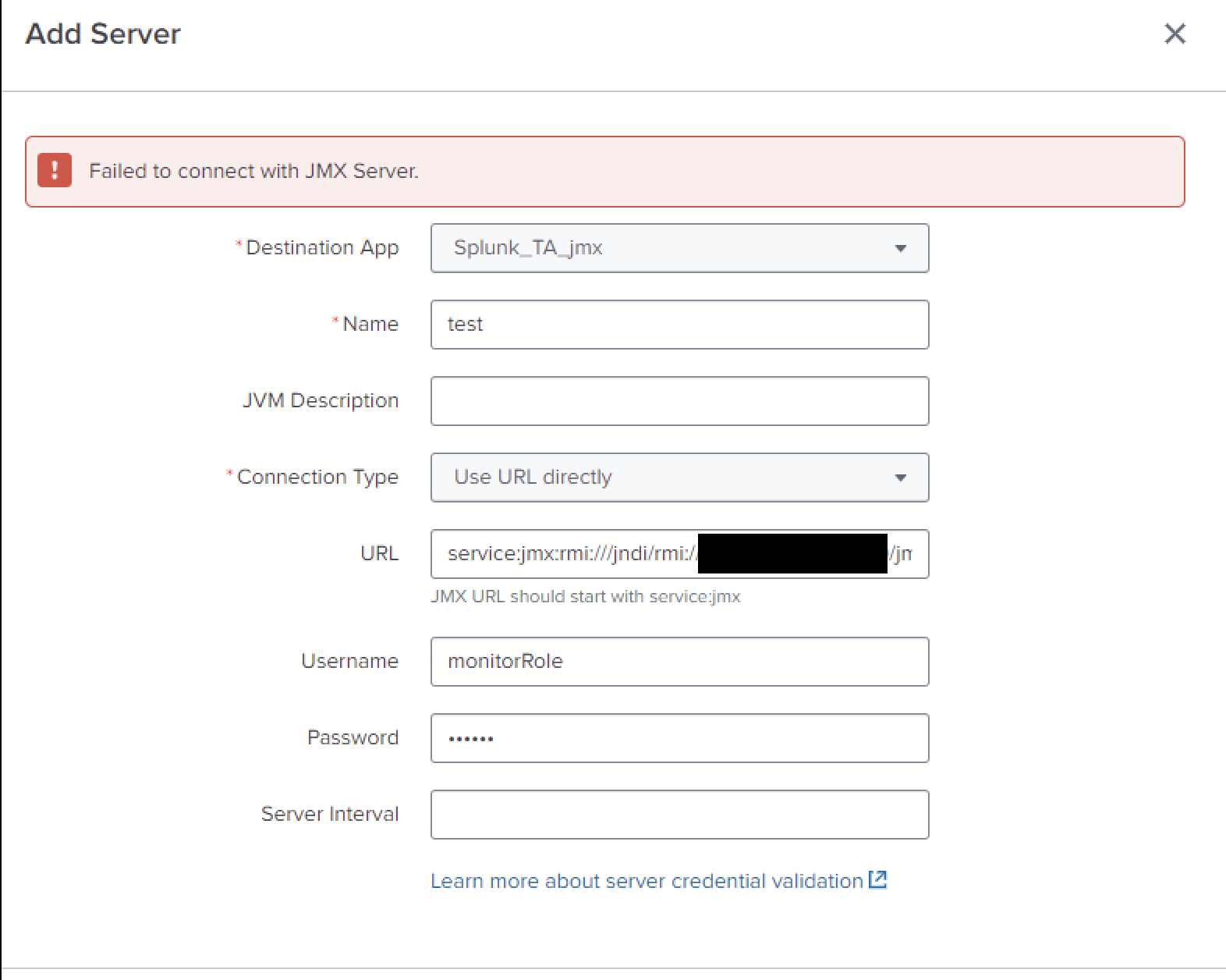 "Failed to connect with JMX Server" while trying to configure the ...