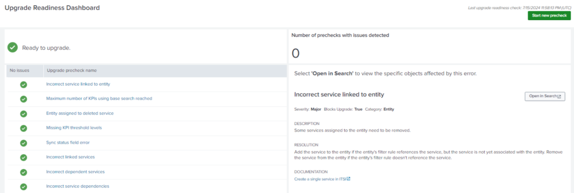 Issues in precheck detected in the Upgrade Readiness Dashboard. | Splunk