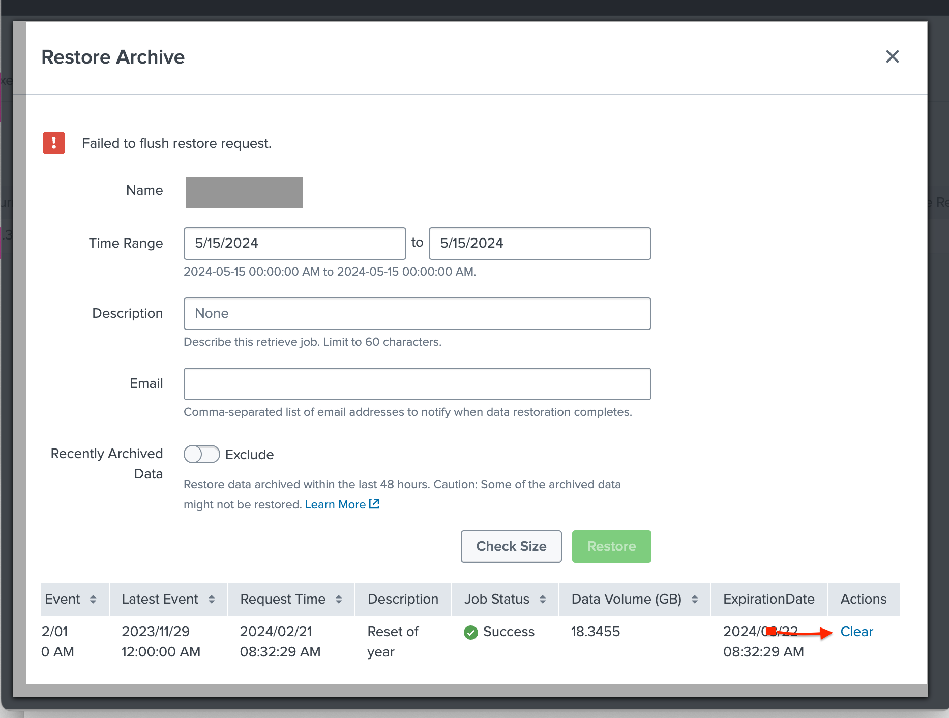 "Failed to flush restore request" while restoring data from Dynamic ...