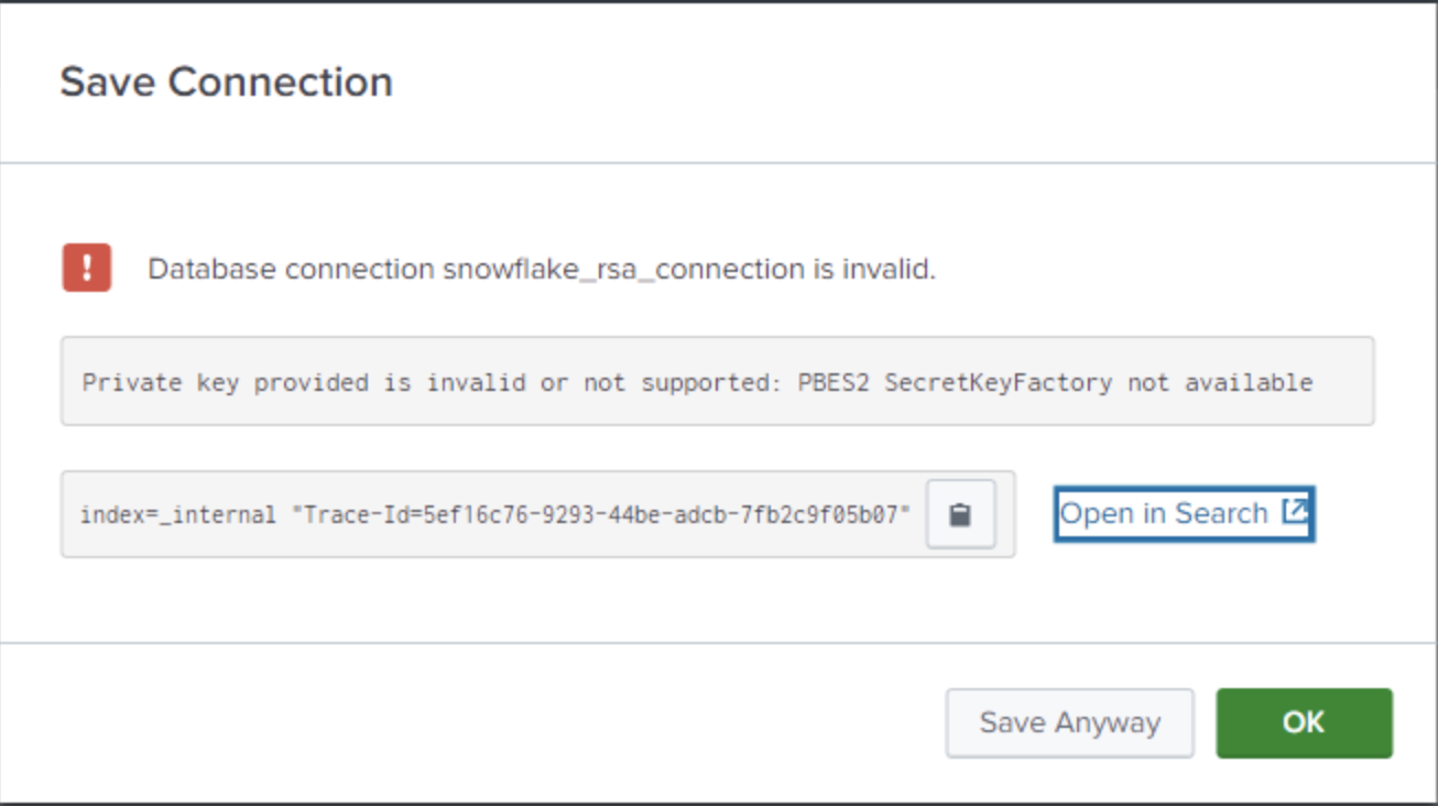 Splunk DB Connect: Unable to Save Snowflake DB Connection When Using RSA Key Pair | Splunk