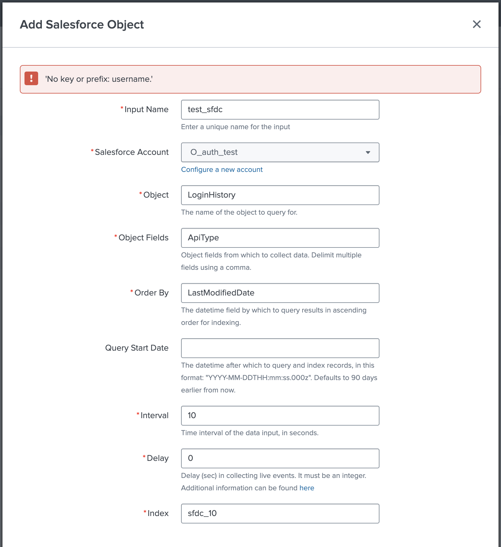Not able to create new Inputs in Splunk addon for Salesforce | Splunk