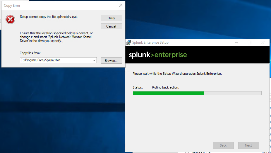 Setup cannot copy the file splknetdrv.sys error on Windows Search head | Splunk