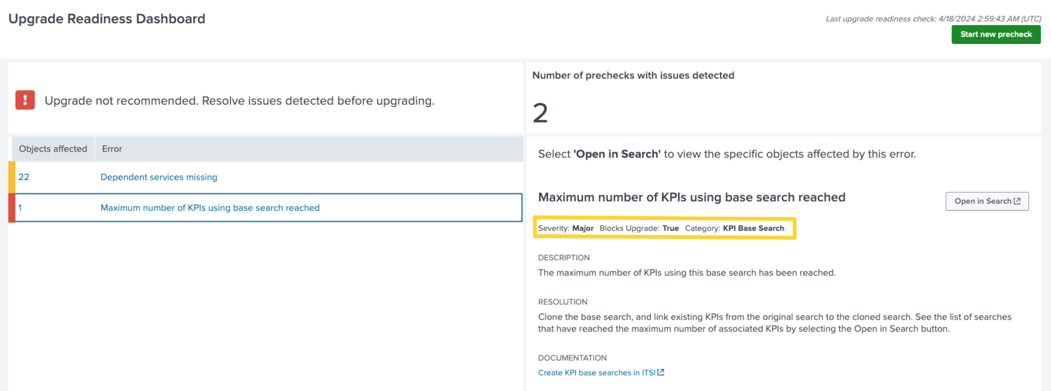 Upgrade readiness version 4.18.1 limits KPI base search limit | Splunk