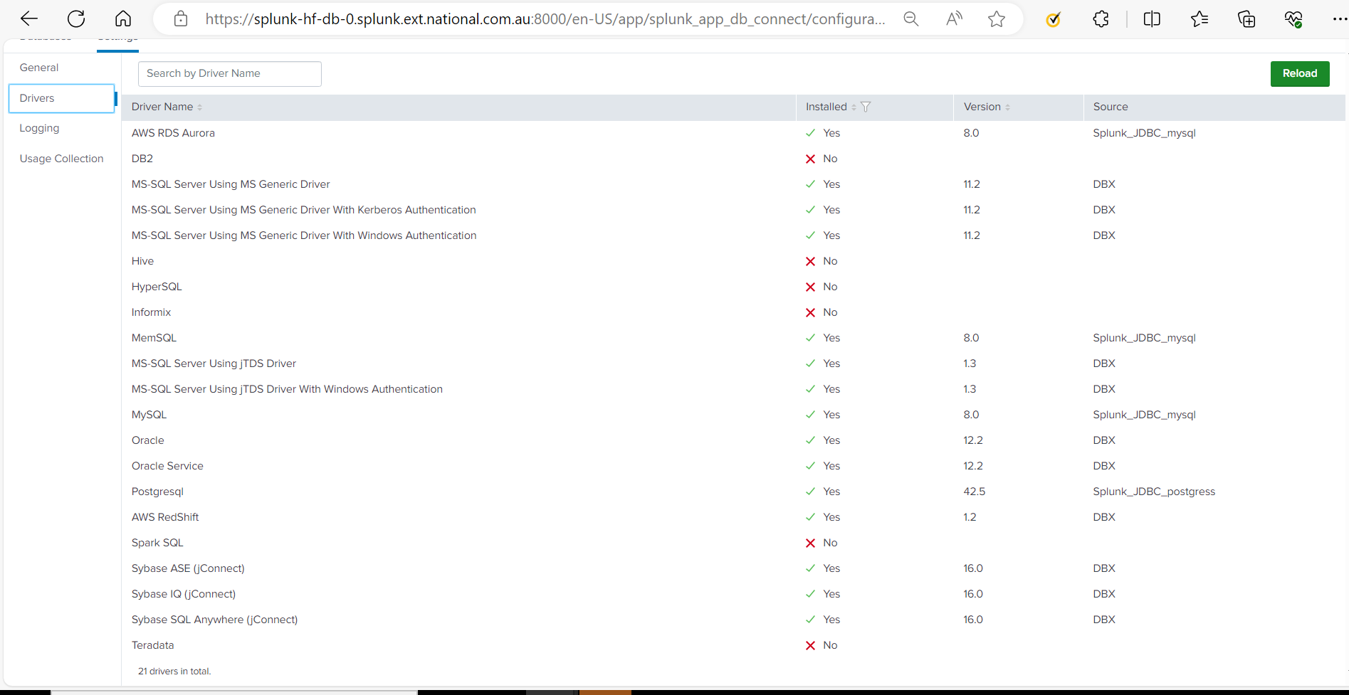 Snowflake driver not showing in driver section in Splunk DB Connect UI. | Splunk