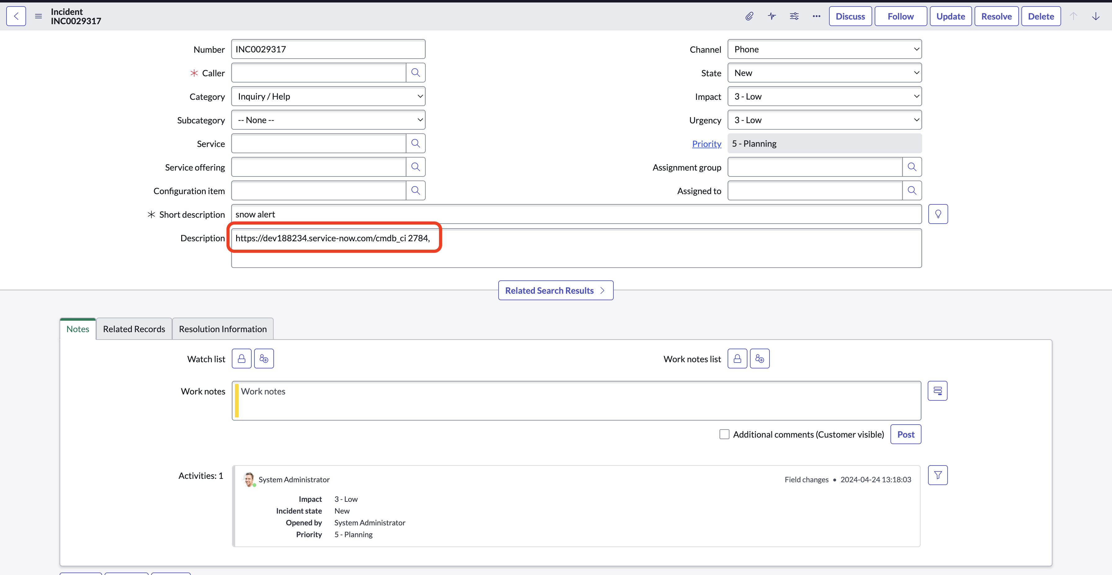 Incident created using Alert from Splunk and the Splunk Add-on for ServiceNow Add-on is used as ...