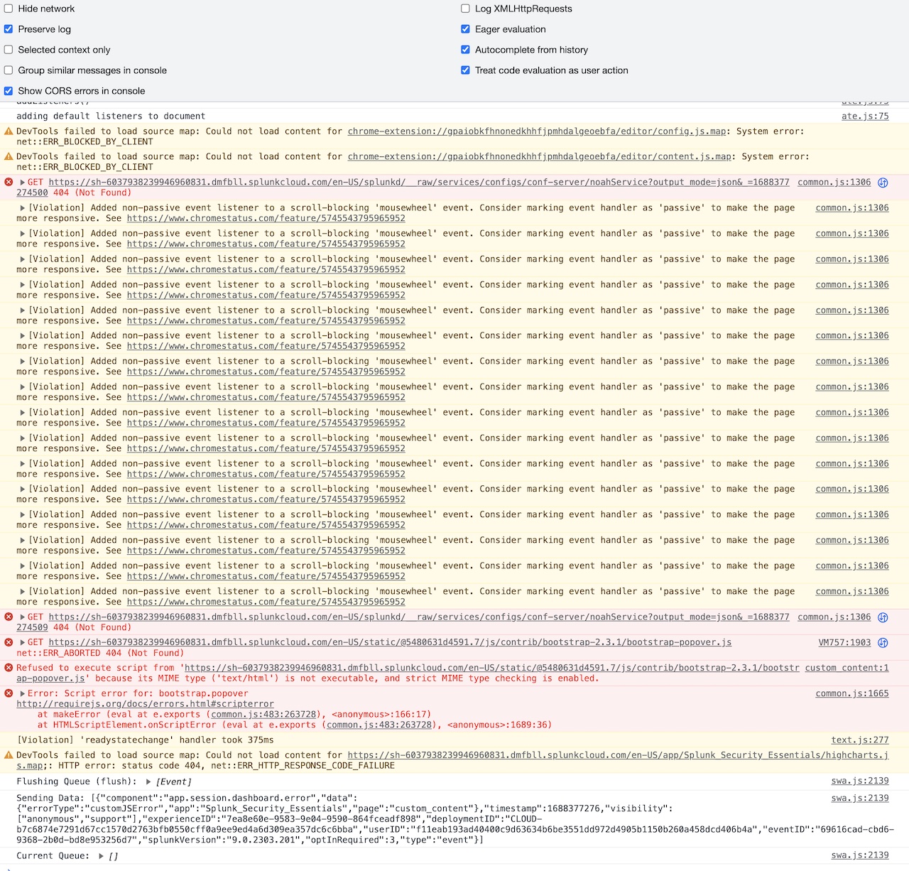 Splunk Security Essentials dashboard reports "A custom Javascript error caused an issue loading ...