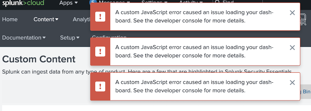 Splunk Security Essentials dashboard reports "A custom Javascript error caused an issue loading ...