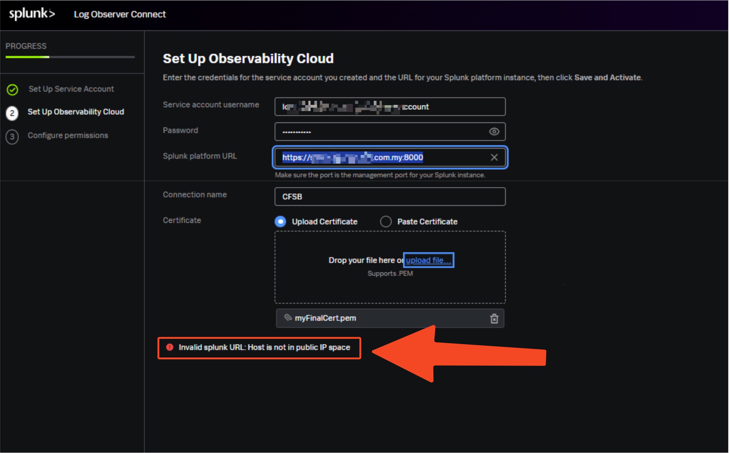 Cloud Log Observer Connect setup error "Invalid Splunk URL: Host is not in public IP space" | Splunk