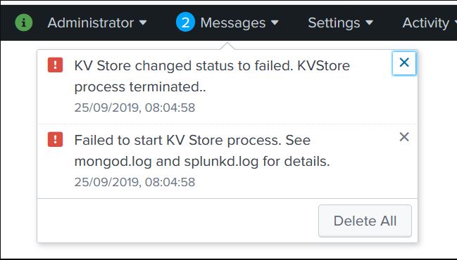 ERROR: KV Store changed status to failed, KV Store process terminated abnormally (exit code 14 ...